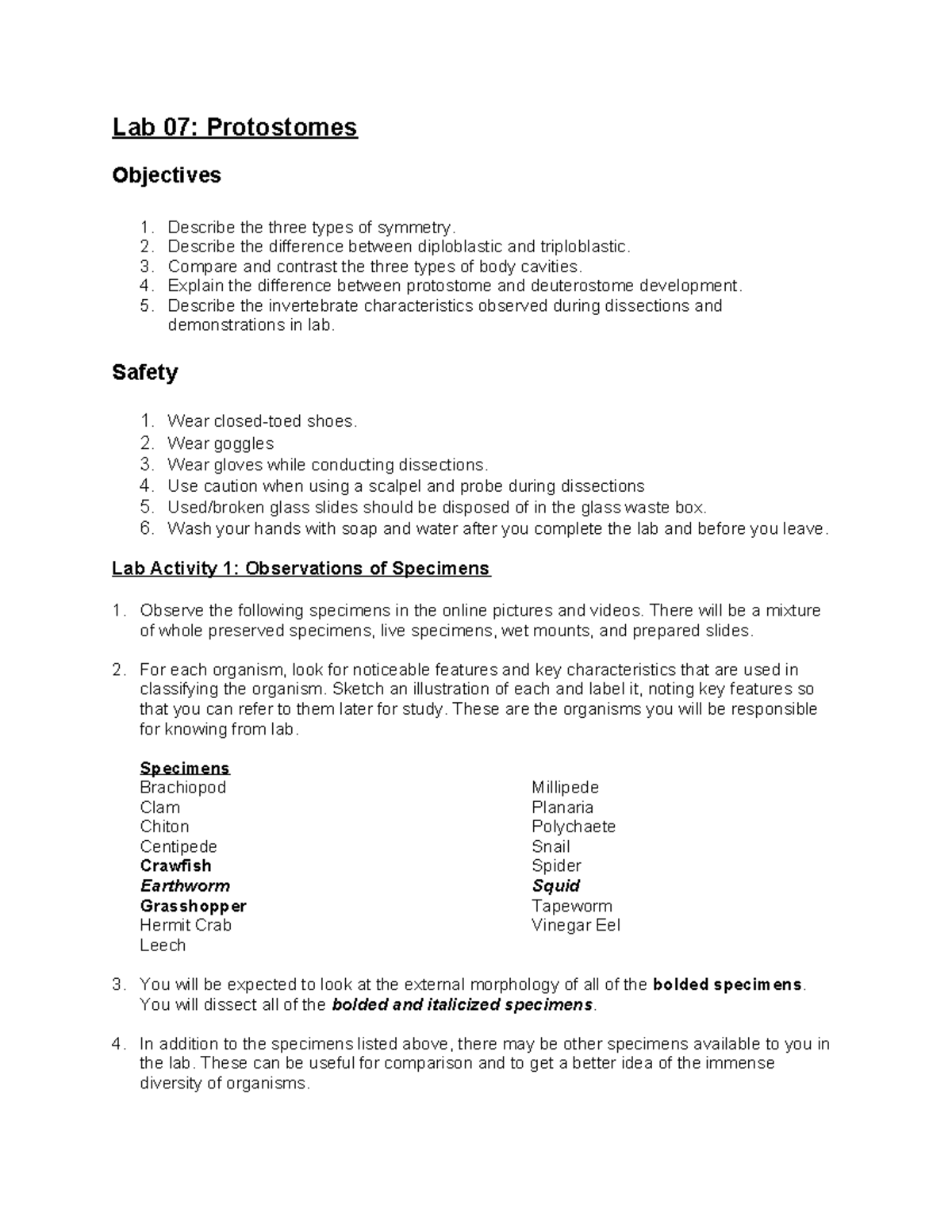 Protostomes protocol with tree v3-1 - Lab 07: Protostomes Objectives ...