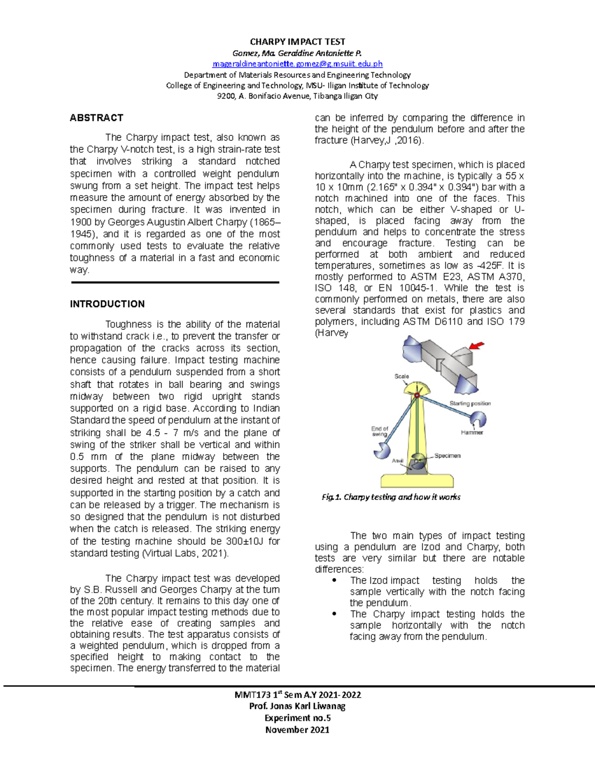 Charpy Impact TEST LAB Report - Fundamentals of Materials Science and ...