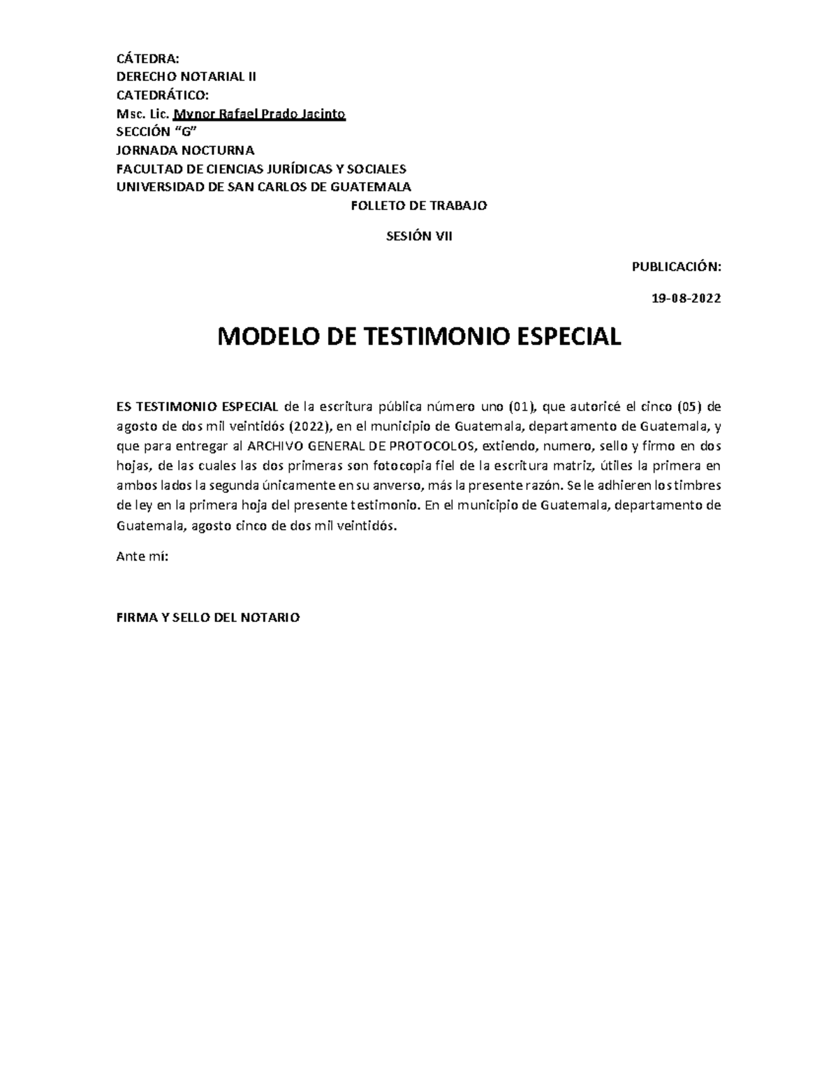 6.1. Modelo de Testimonio Especial - CÁTEDRA: DERECHO NOTARIAL II ...