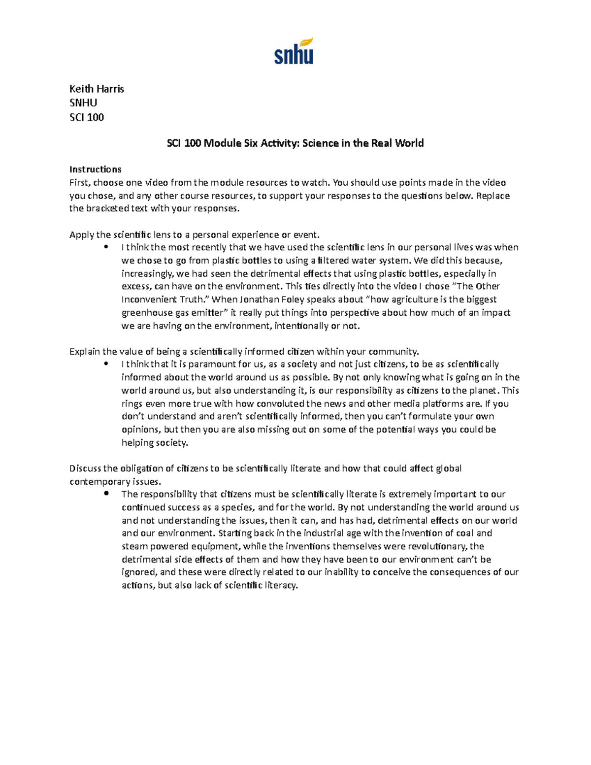 6 1 Activity Science In The Real World Keith Harris SNHU SCI 100 SCI
