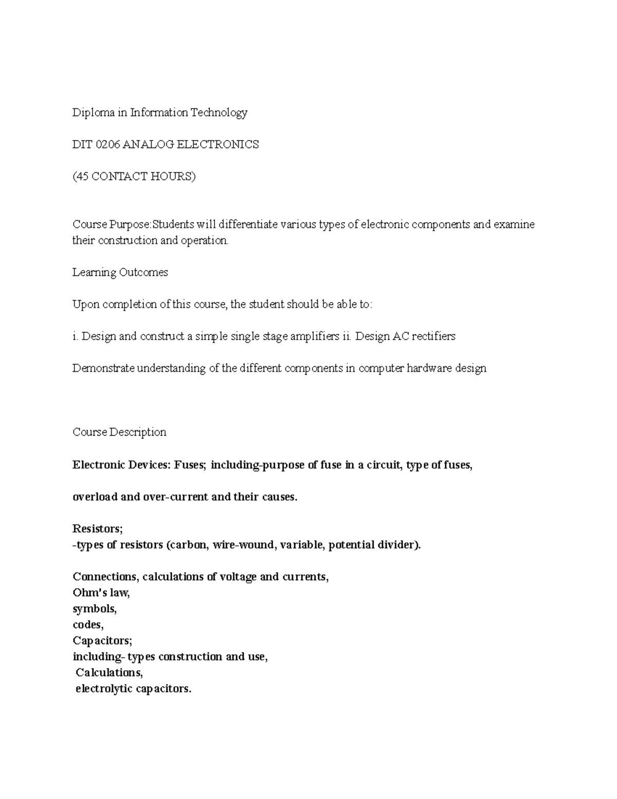 DIT 0206 Analog Electronics course outline - Diploma in Information ...