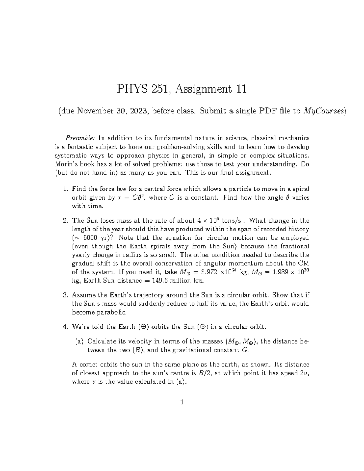 Assignment 11 problems - PHYS 251, Assignment 11 (due November 30, 2023 ...