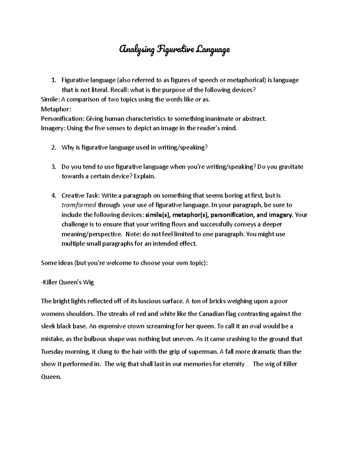Analysing Figurative Language - Analsin Figurativ Languag 1. Figurative ...