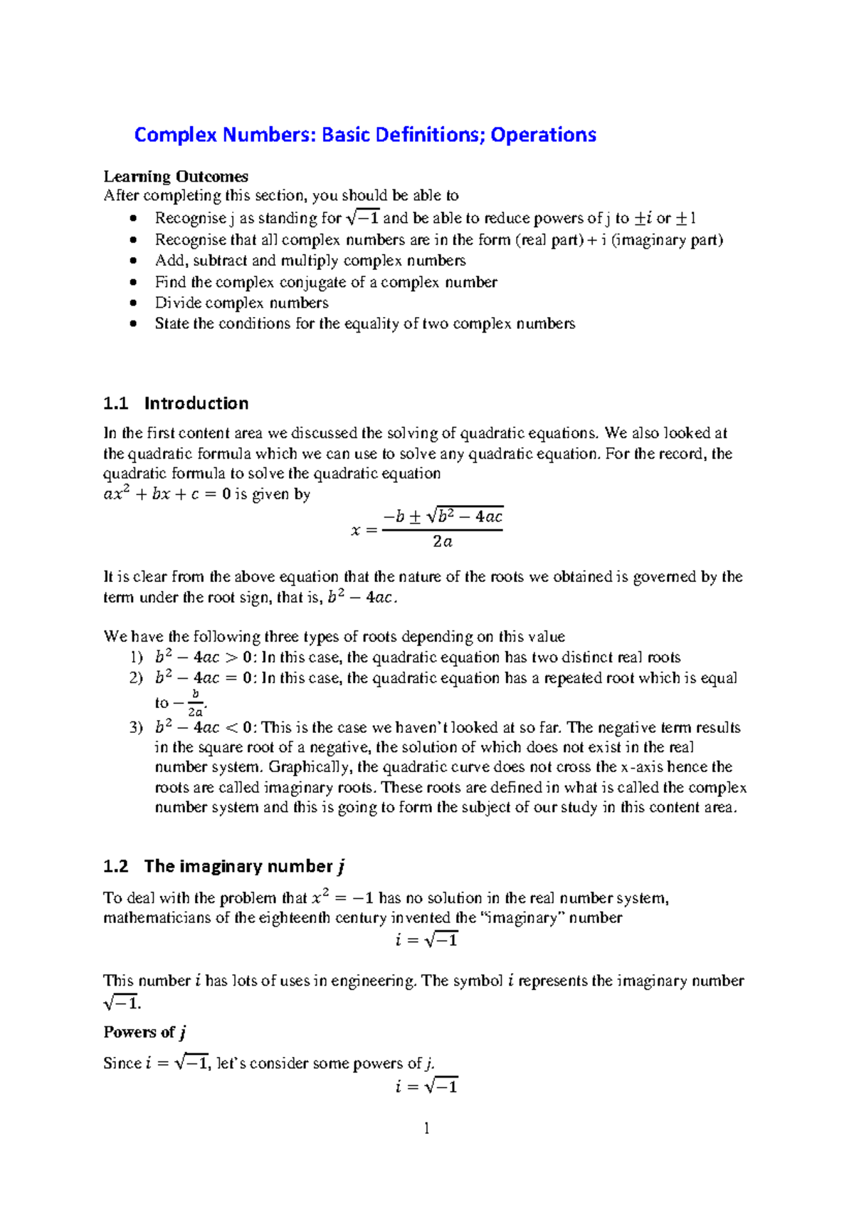01 Intro to Complex Numbers - Complex Numbers: Basic Definitions; Operations Learning Outcomes ...