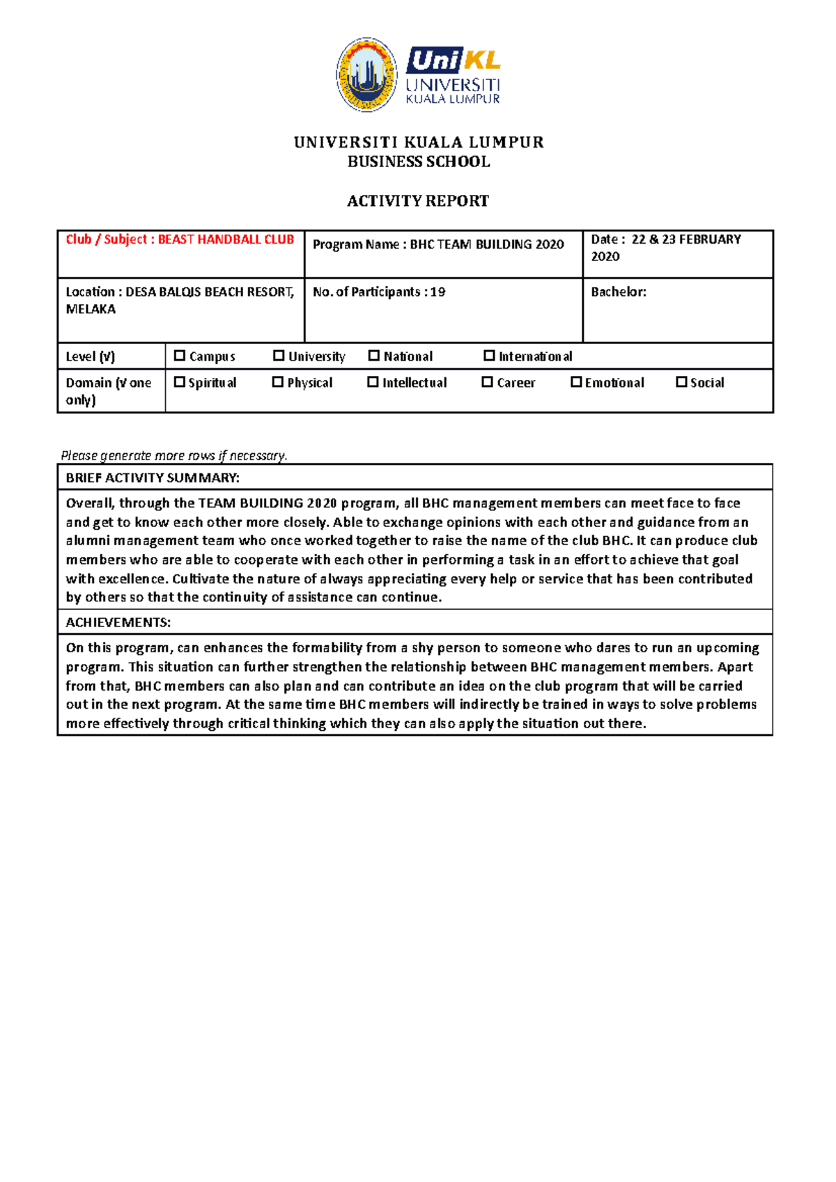 Activity Report BHC Team Building 2020 - BUSINESS SCHOOL ACTIVITY ...