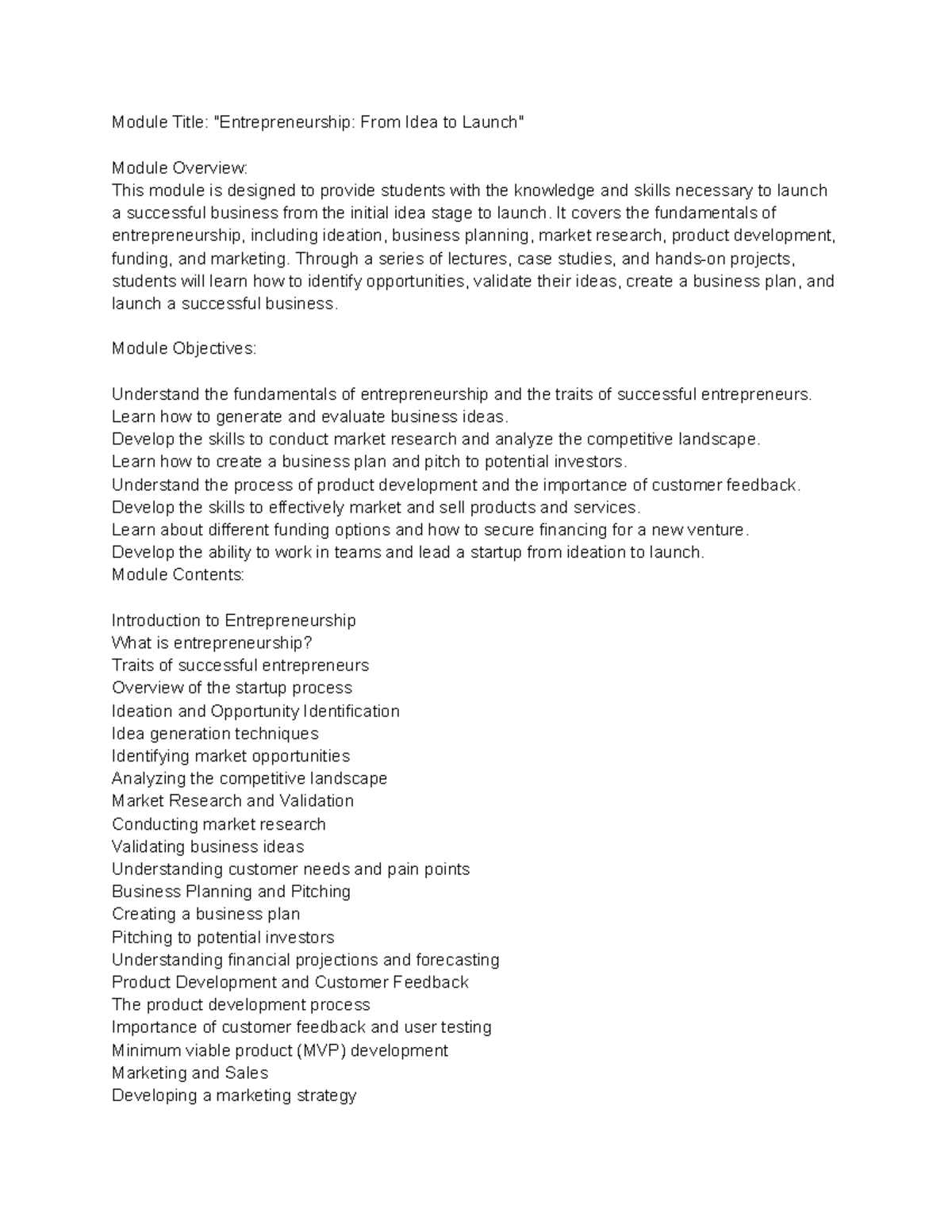 Entrepreneurship: From Idea to Launch - Module Title: "Entrepreneurship ...