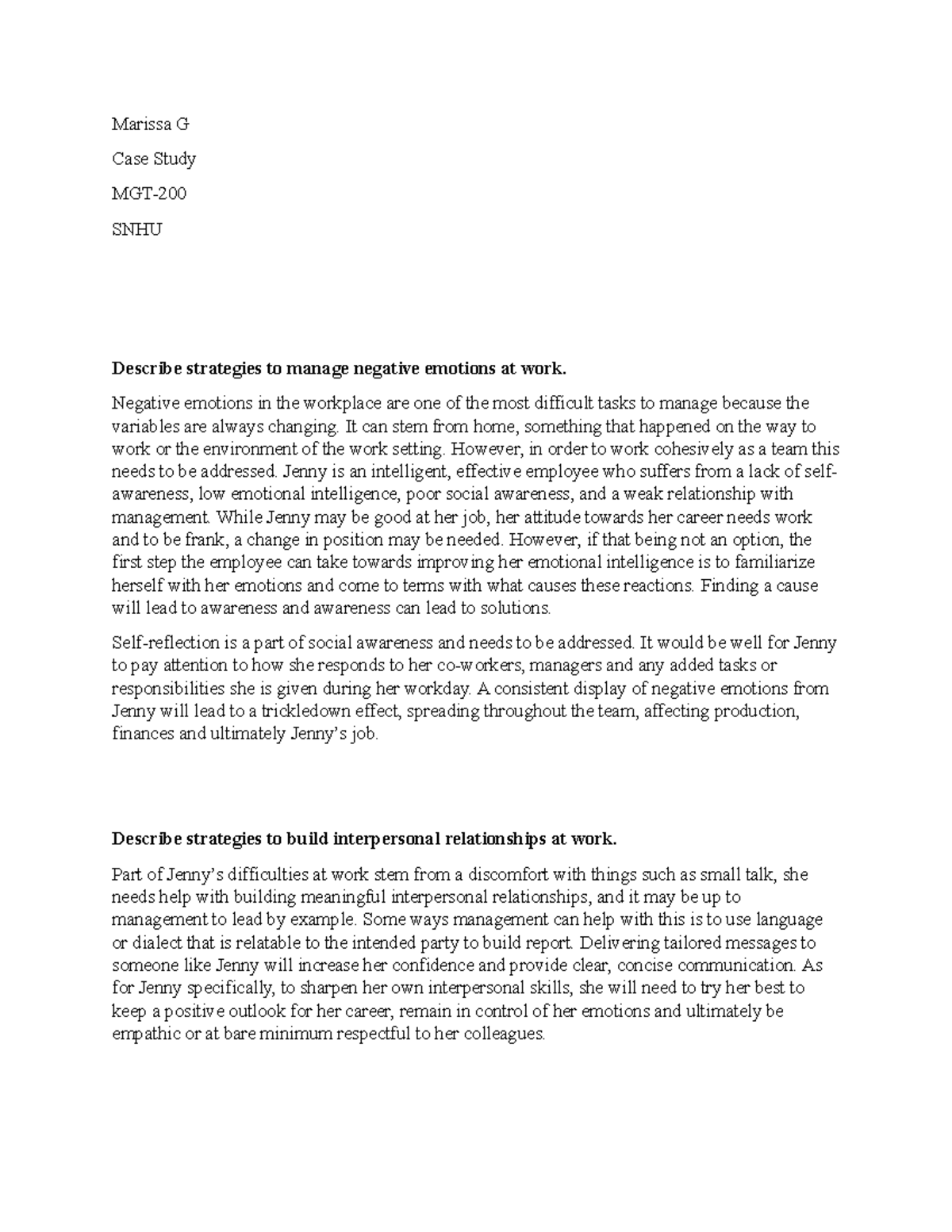 7-1 case study - Marissa G Case Study MGT- SNHU Describe strategies to ...