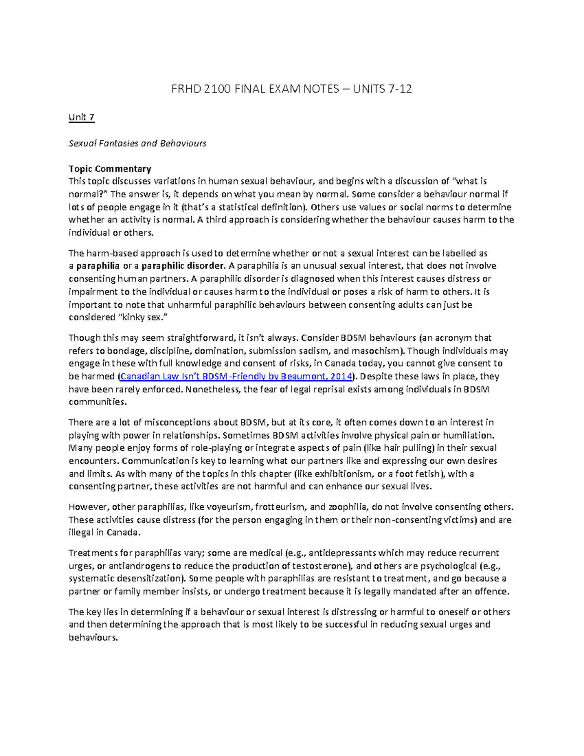 FRHD 2100 Final EXAM Notes - FRHD 2100 FINAL EXAM NOTES – UNITS 7- Unit ...