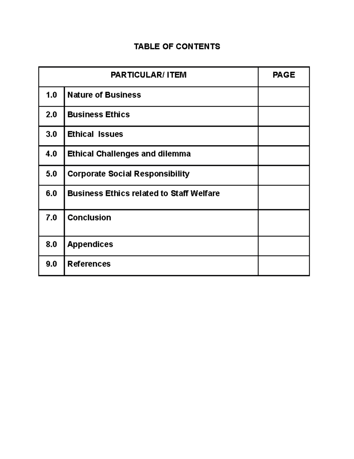 Ethics group assignment - TABLE OF CONTENTS PARTICULAR/ ITEM 1 Nature ...