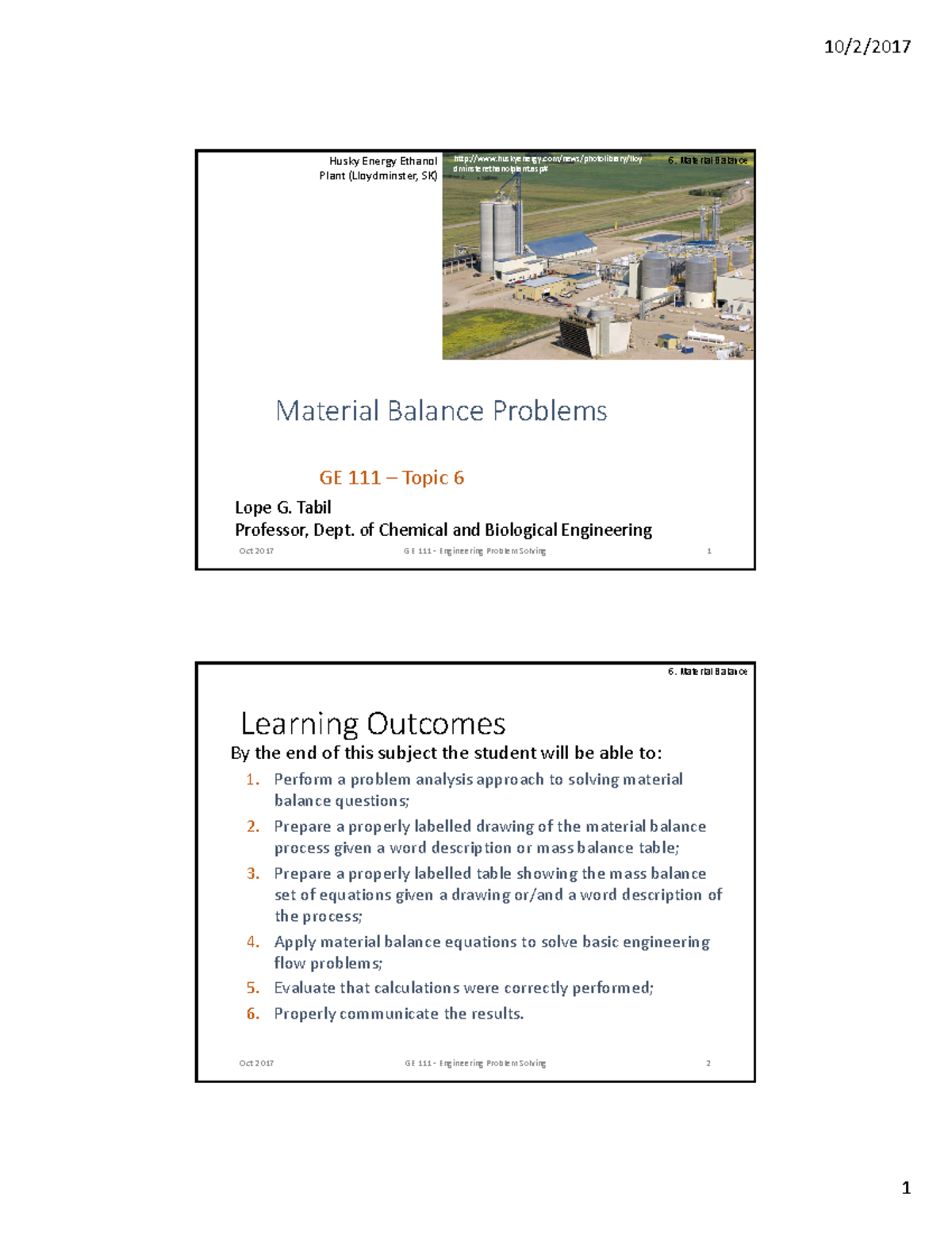 06 Material Balance SVersion - Material Balance Problems Husky Energy ...
