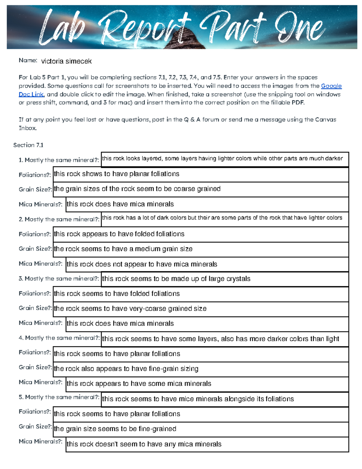 Lab 5 Part 1- Metamorphic Rocks - Name: For Lab 5 Part 1, you will be completing sections 7, 7 ...