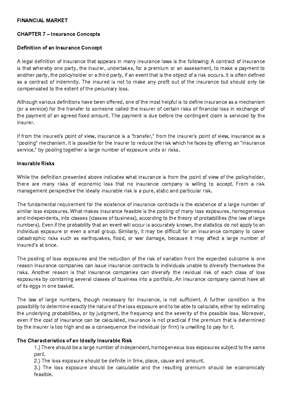 Financial Market - Chapter 7 - FINANCIAL MARKET CHAPTER 7 3 Insurance ...