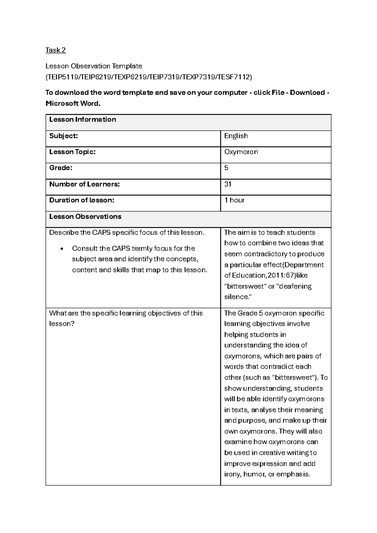 Task 2.Subject specific observations - Task 2 Lesson Observation ...