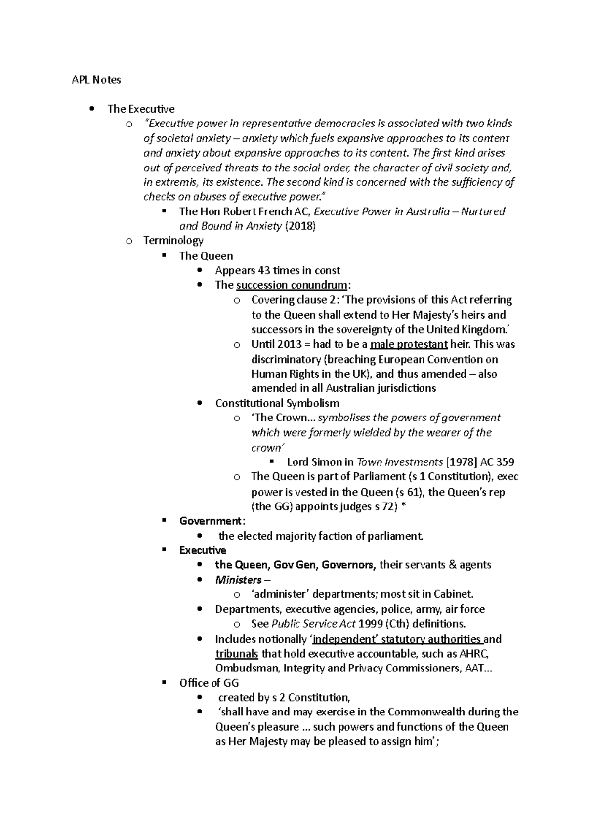 APL Notes - APL Notes The Executive o “Executive power in ...