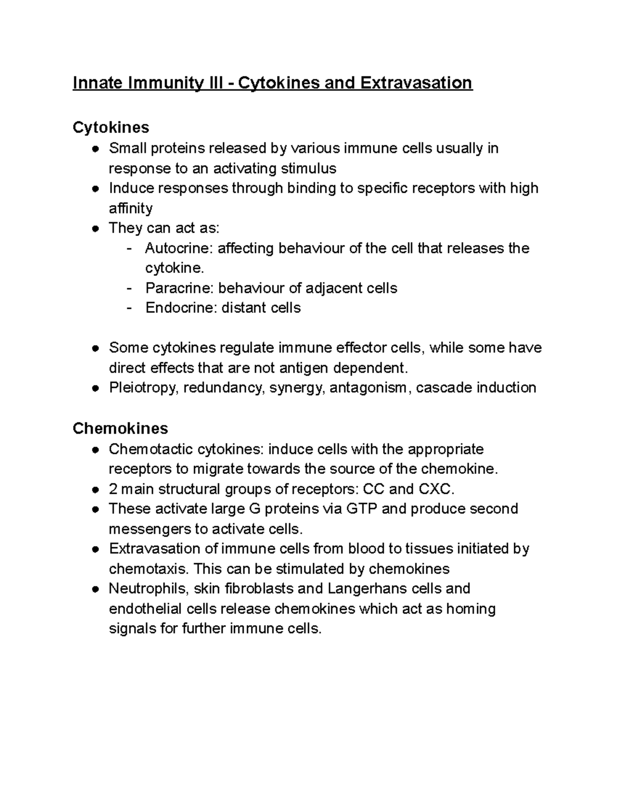 Innate Immunity II - Cytokines and Extravasation - Innate Immunity III - Cytokines and ...