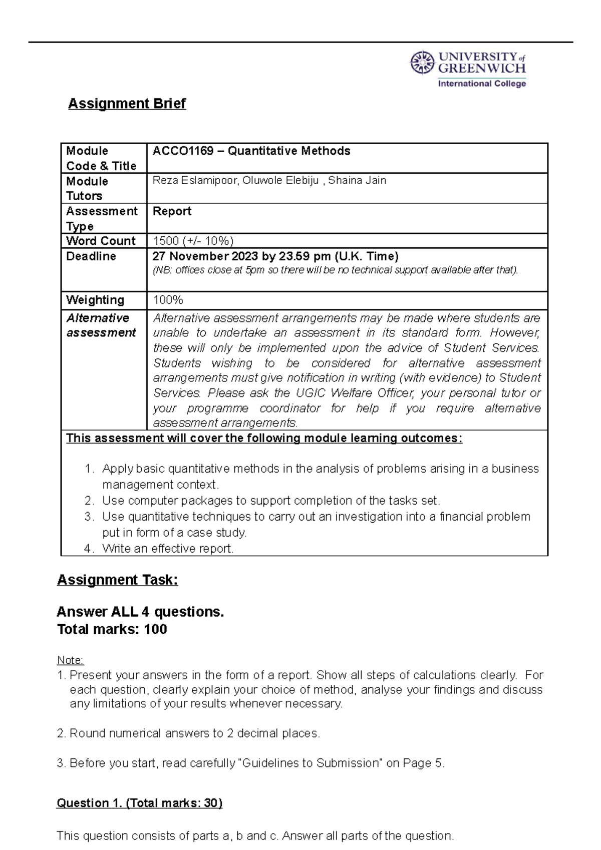 Quantitative Methods Summative Assessment Brief (Term Oct-Dec 2023 ...