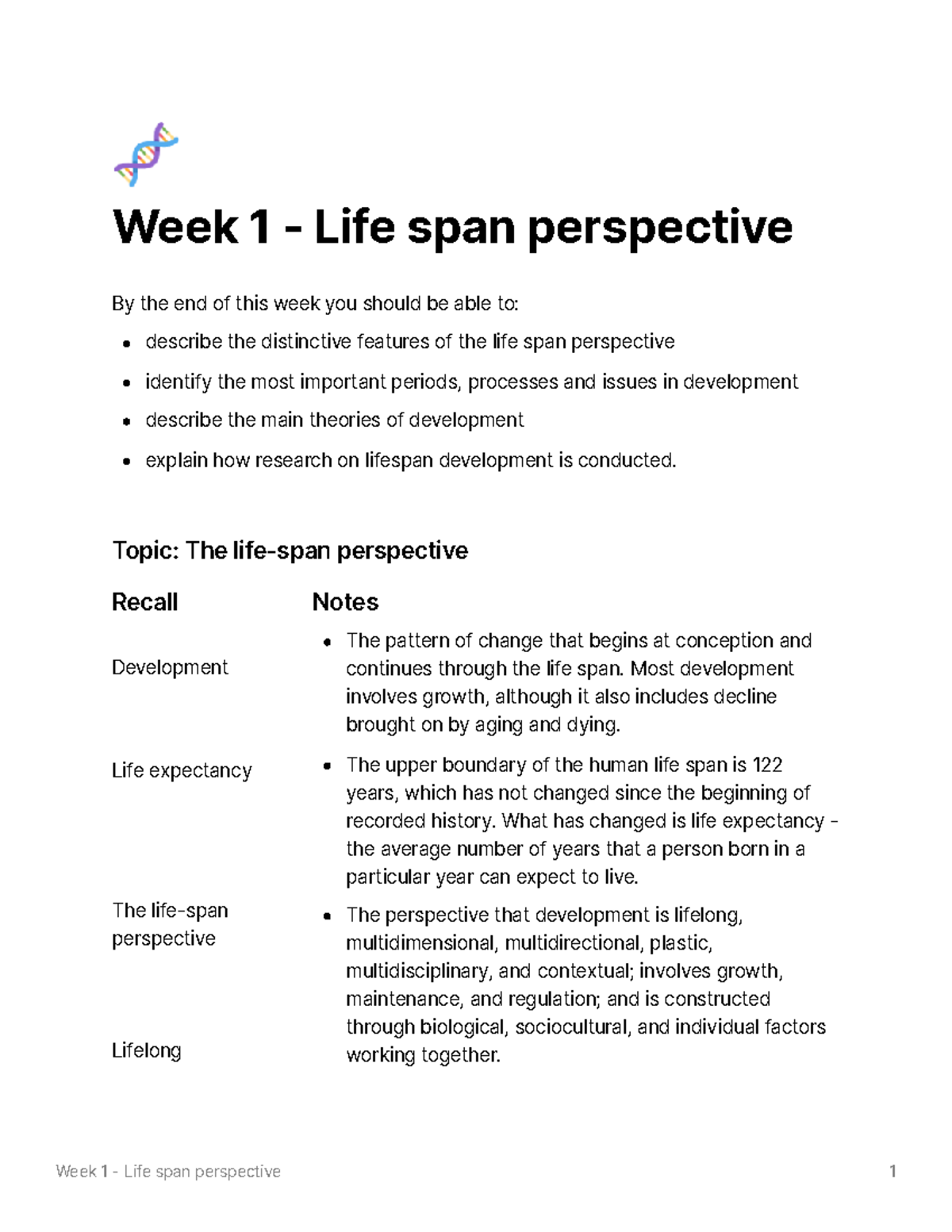 Week 1 - Life span perspective - Week Ԇ - Life span perspective Ԇ ...