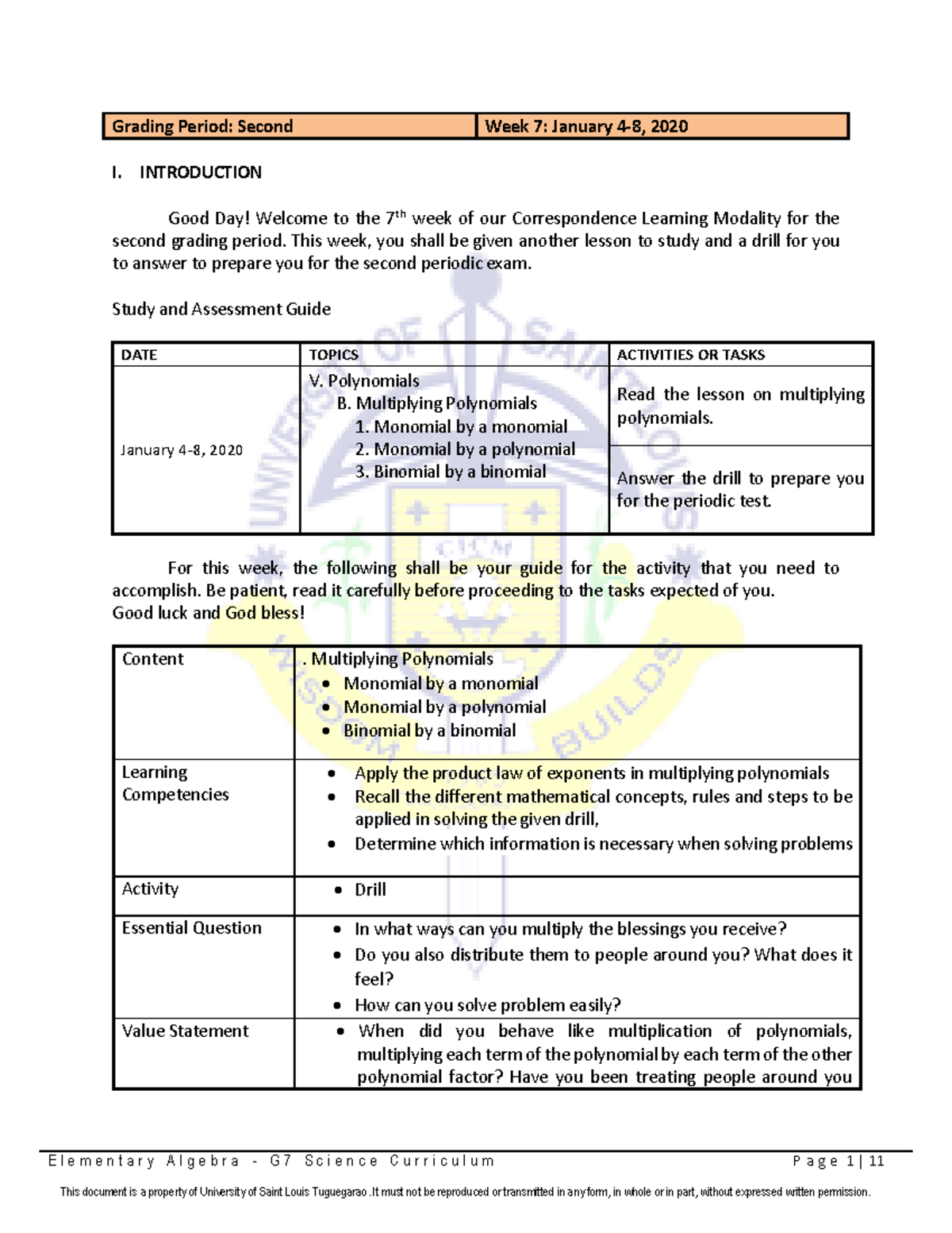 WEEK 7 Grade 7 MATH Science - E l e m e n t a r y A l g e b r a - G 7 S ...