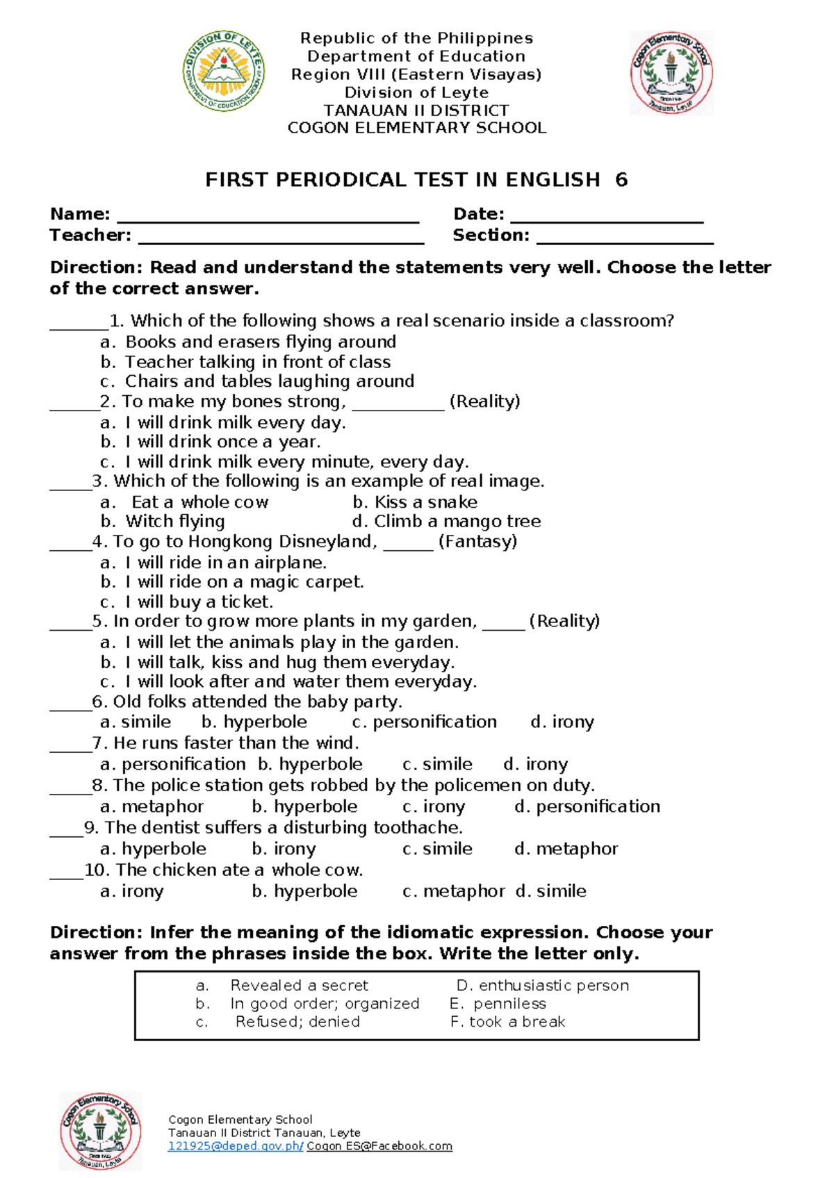First Periodical TEST IN English - a. Revealed a secret D. enthusiastic ...