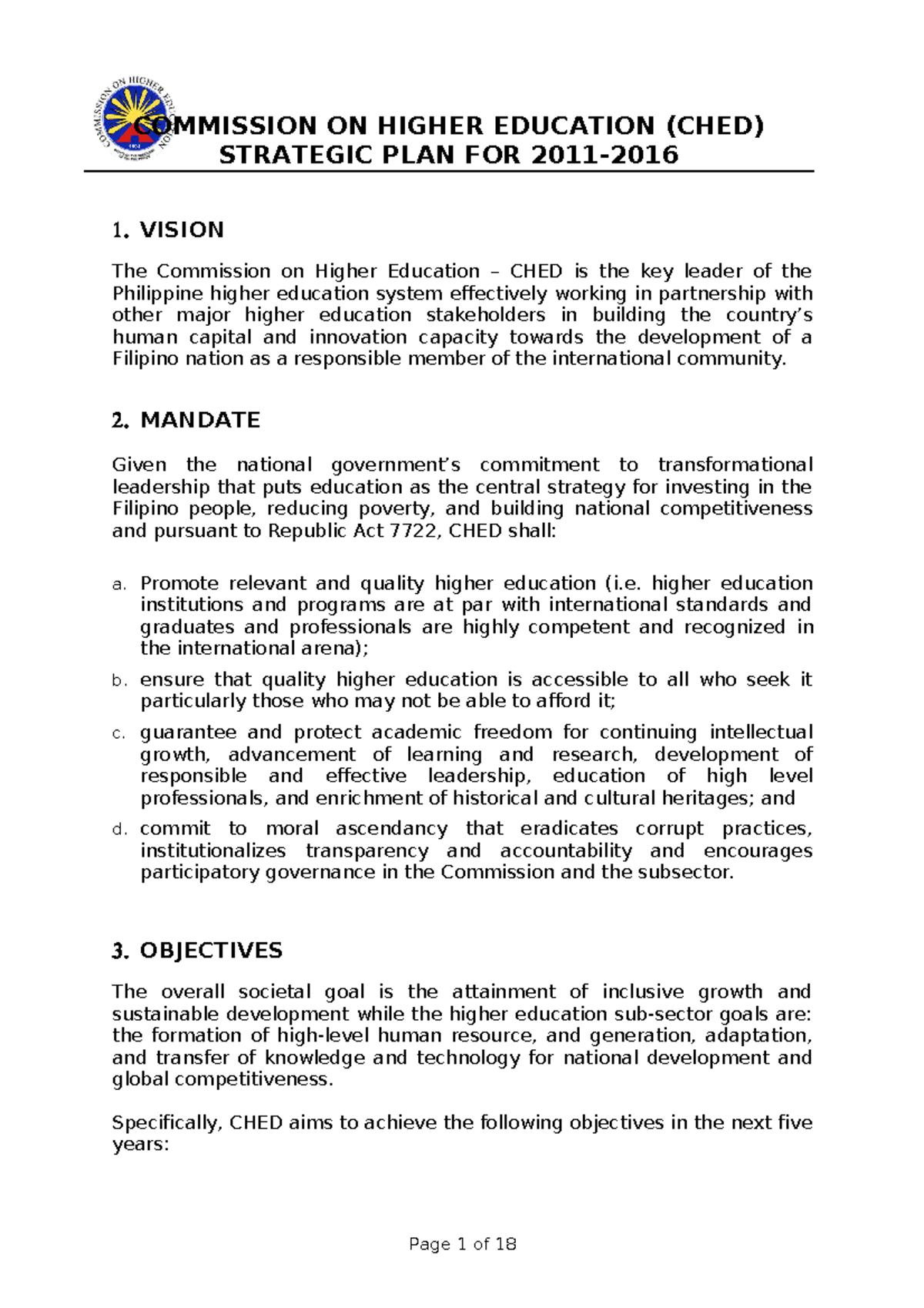 Philippines ched strategic plan 2011-2016 - COMMISSION ON HIGHER ...