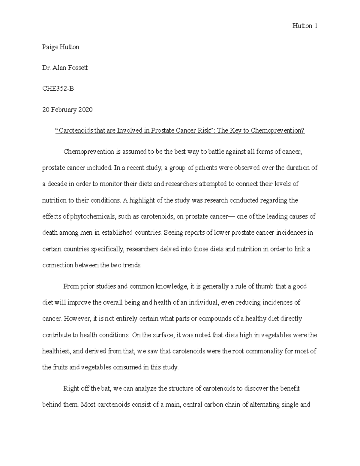 Carotenoids and Prostate Cancer (CHE352 Paper) - Paige Hutton Dr. Alan ...