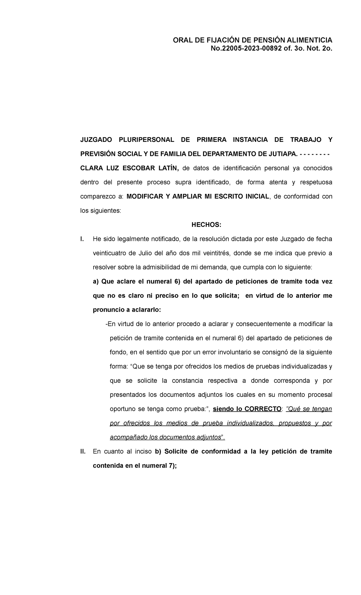 Subsanar Previos ORAL DE Alimentos Clara LUZ Escobar Latín - No-2023 ...
