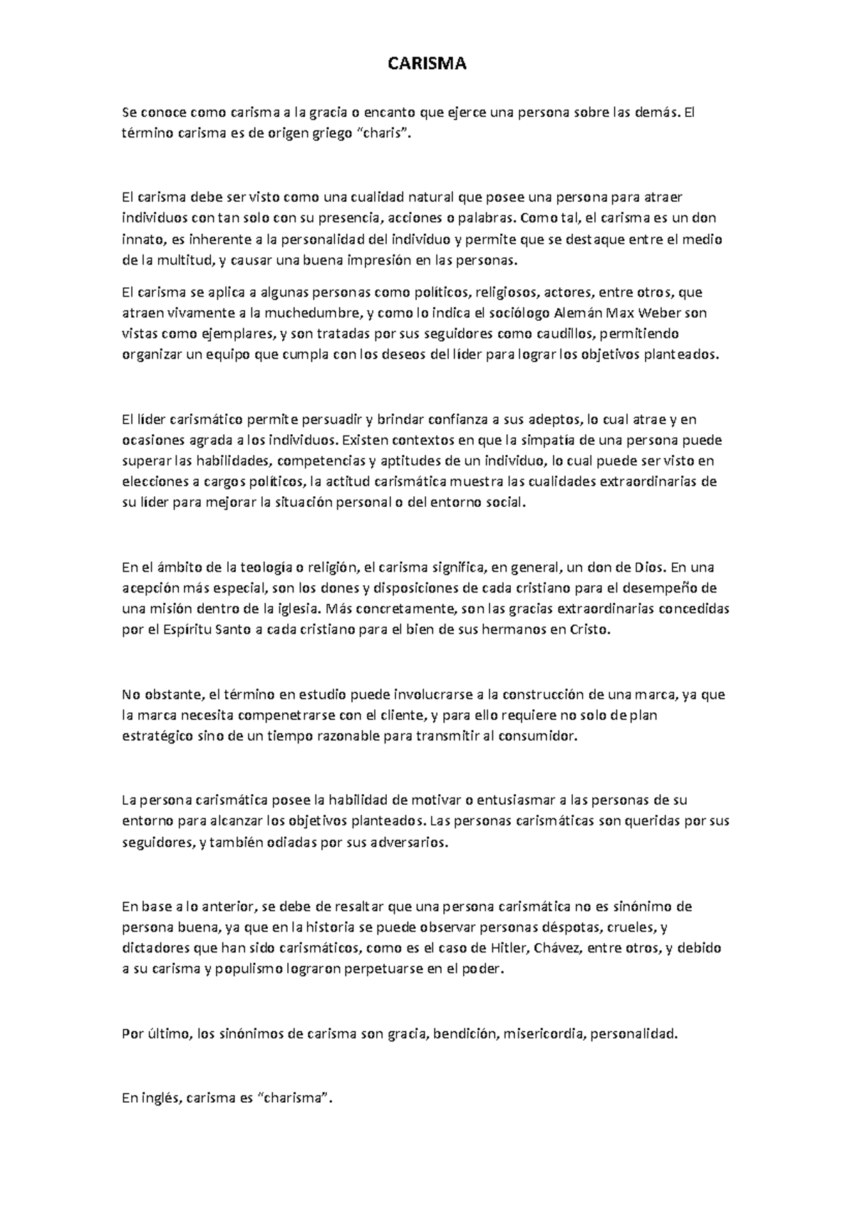 Carisma - CARISMA Se conoce como carisma a la gracia o encanto que ...