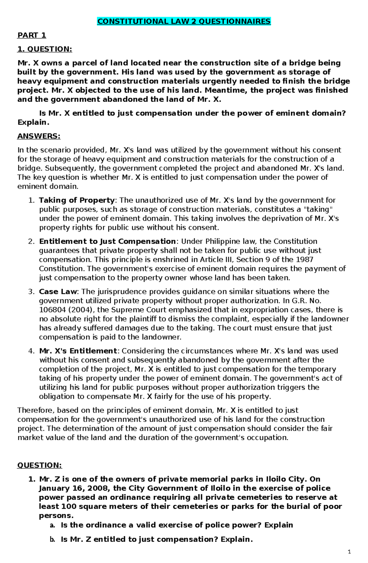 Constitutional LAW 2 Questionnaires - CONSTITUTIONAL LAW 2 ...