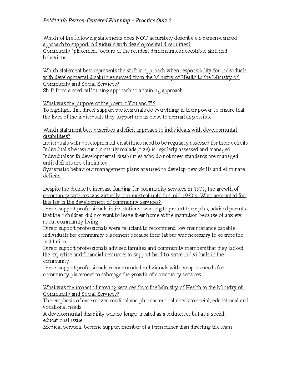 QUIZ 1 2019, questions and answers - FAM1110: Person-Centered Planning ...