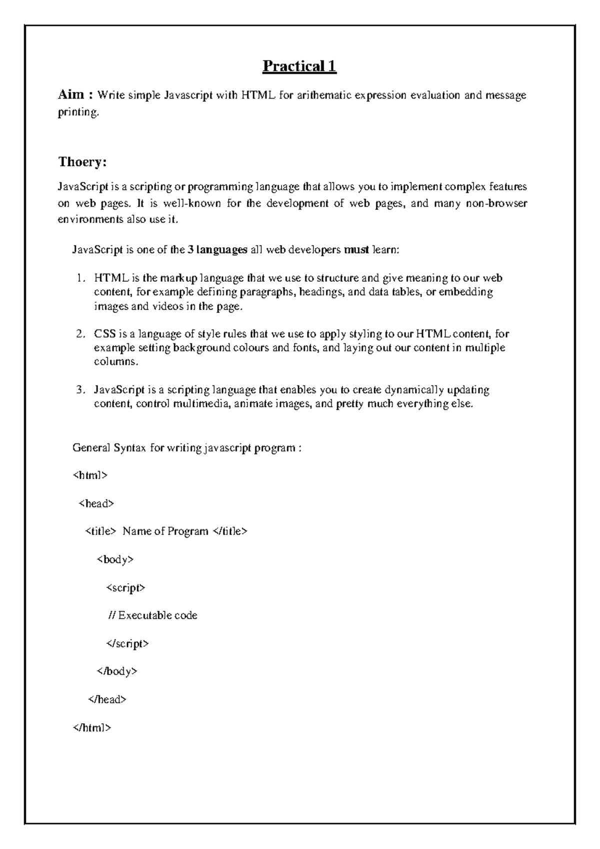 CSS piyush 2 - don't know - Practical 1 Aim : Write simple Javascript with HTML for arithematic ...