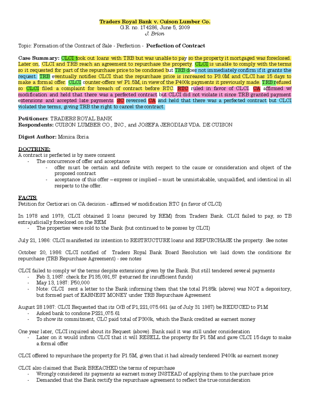 Scribfree - caseeeeeeeeeeee - Traders Royal Bank v. Cuison Lumber Co. G ...