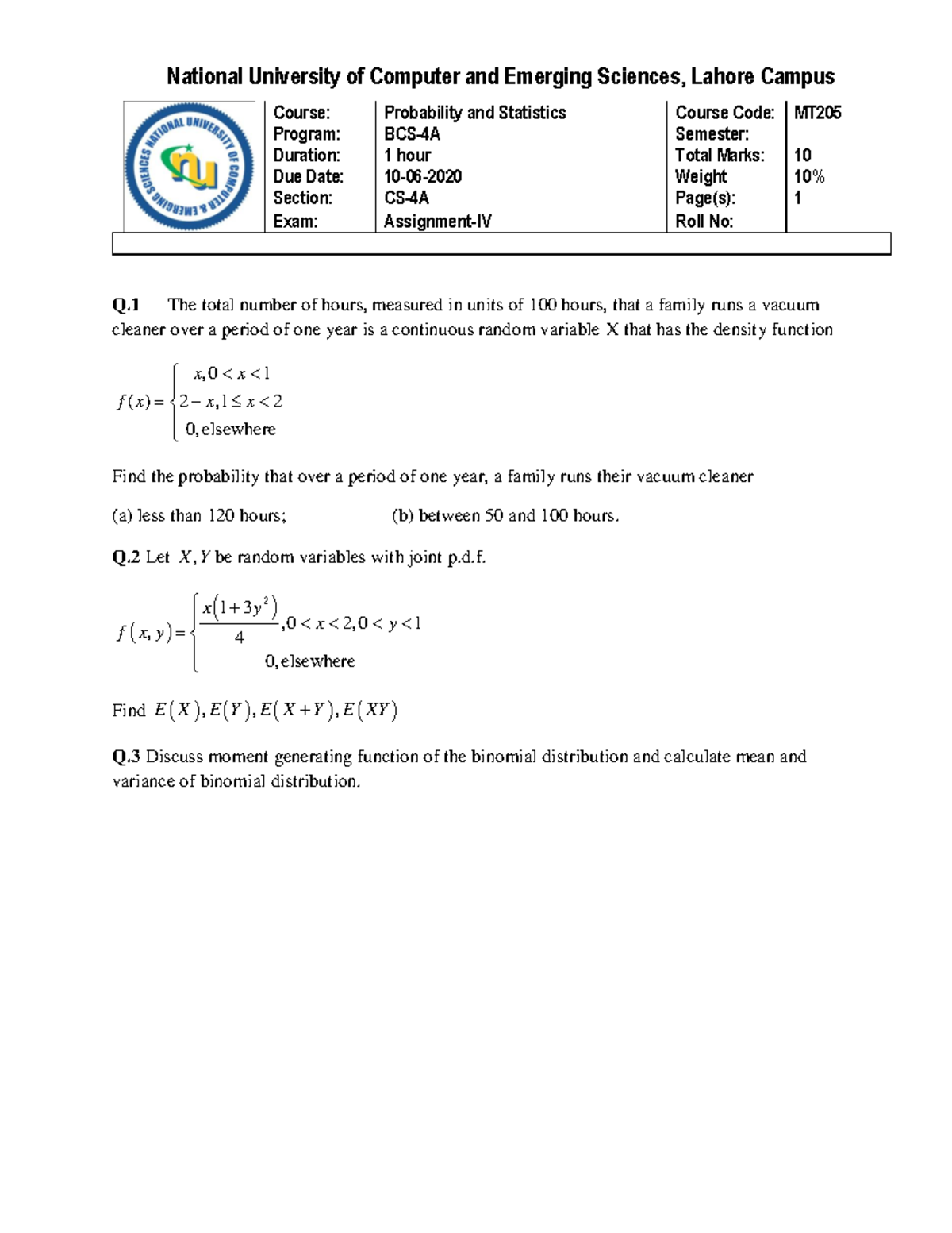 Assignment IV CS4A MT205 Prob and Stat - Warning: TT: undefined function: 32 National University ...
