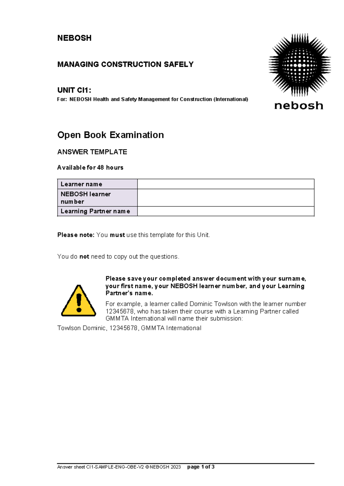 Ci1 sample obe answer sheet template v2 - Open Book Examination ANSWER ...
