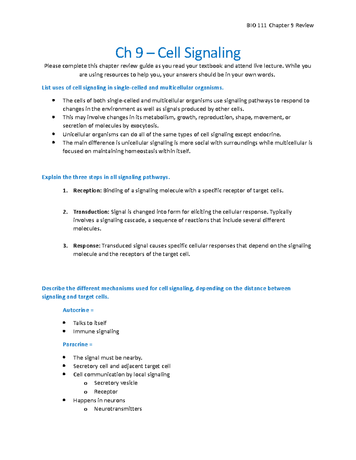 Review Sheet Ch 9 - Cell Signaling - Ch 9 – Cell Signaling Please ...