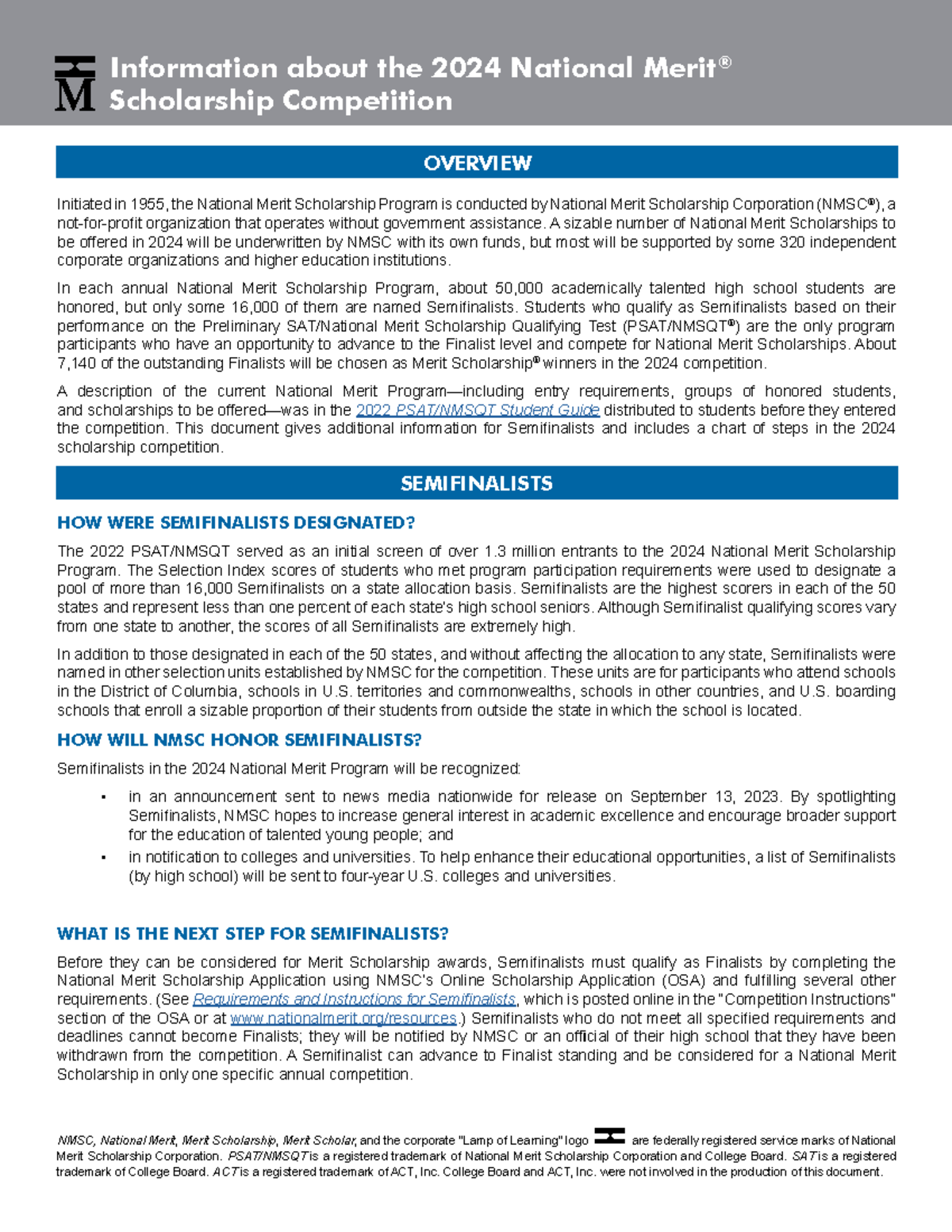 Information about the National Merit Scholarship Competition ...