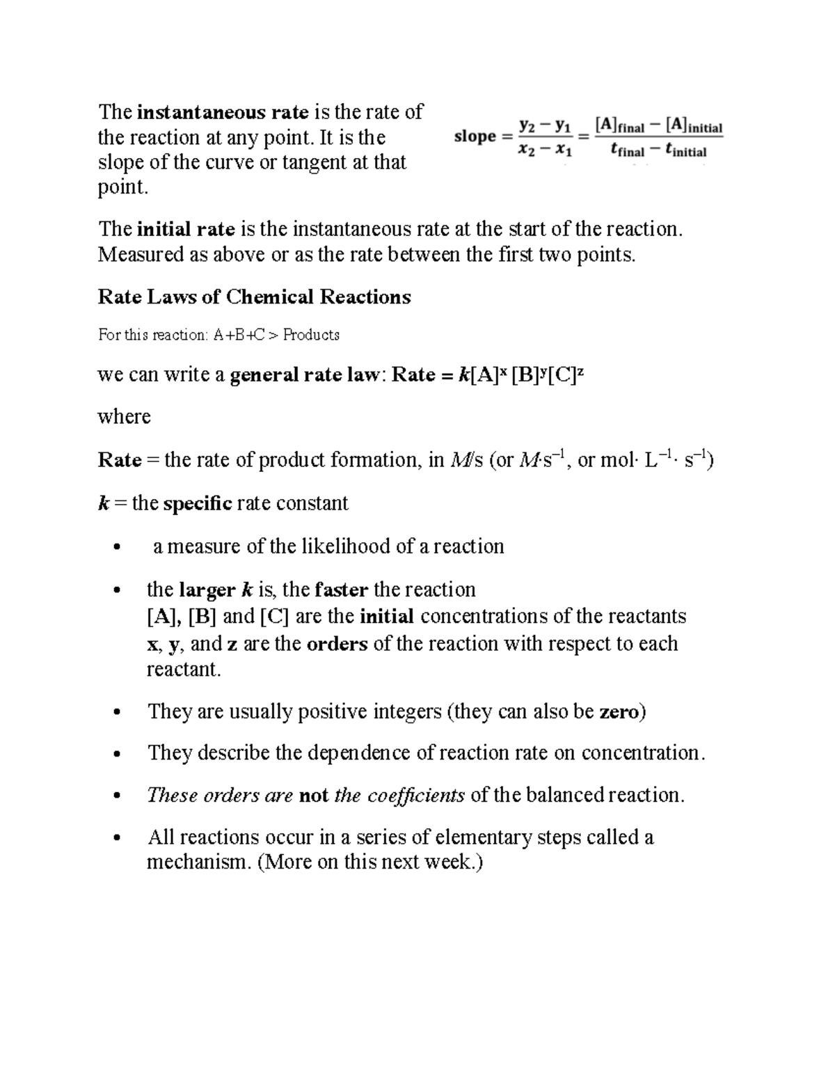 General Chemistry Lecture Notes - The instantaneous rate is the rate of ...