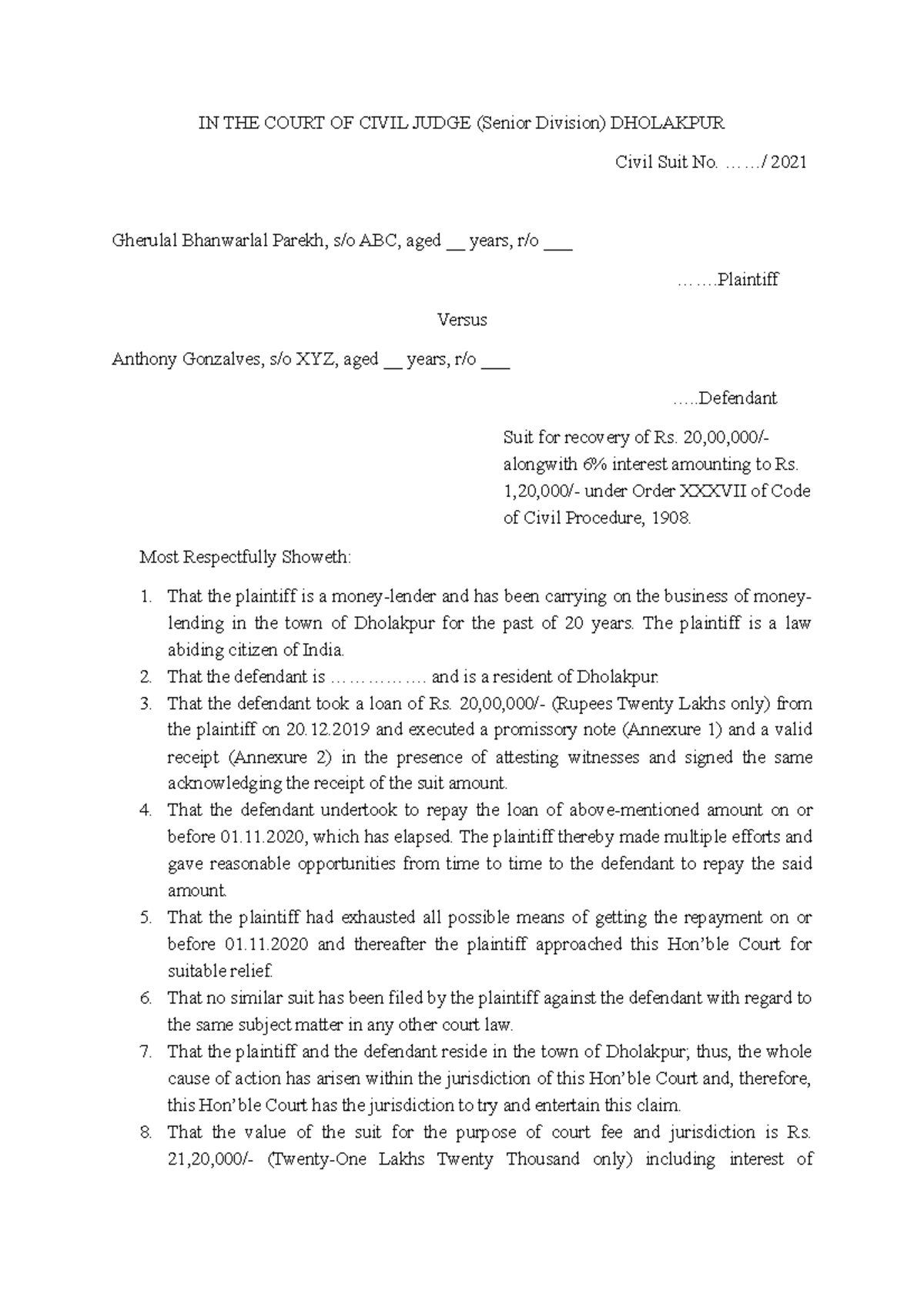 Plaint - IN THE COURT OF CIVIL JUDGE (Senior Division) DHOLAKPUR Civil ...