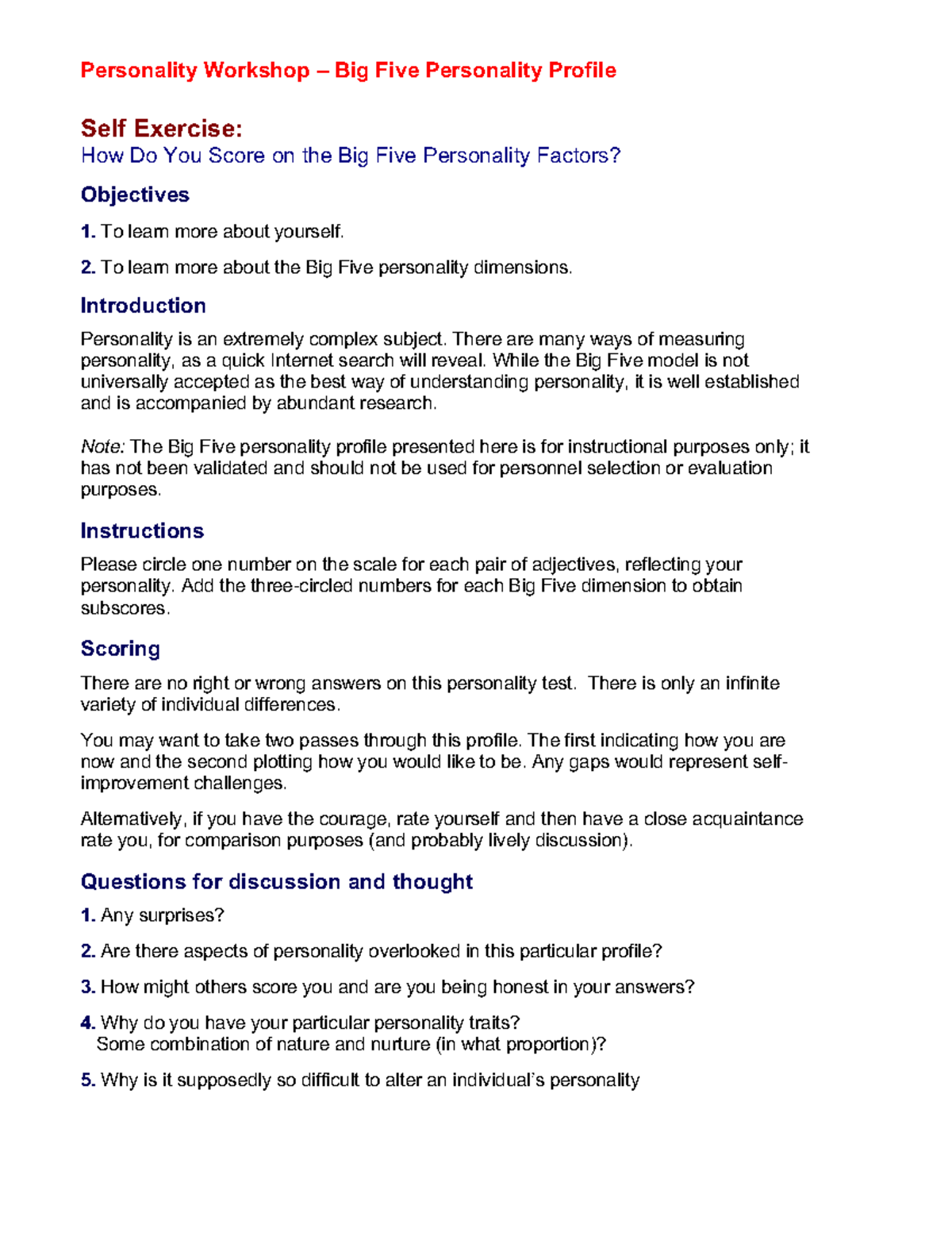 Big Five Self Score Test - Personality Workshop – Big Five Personality ...