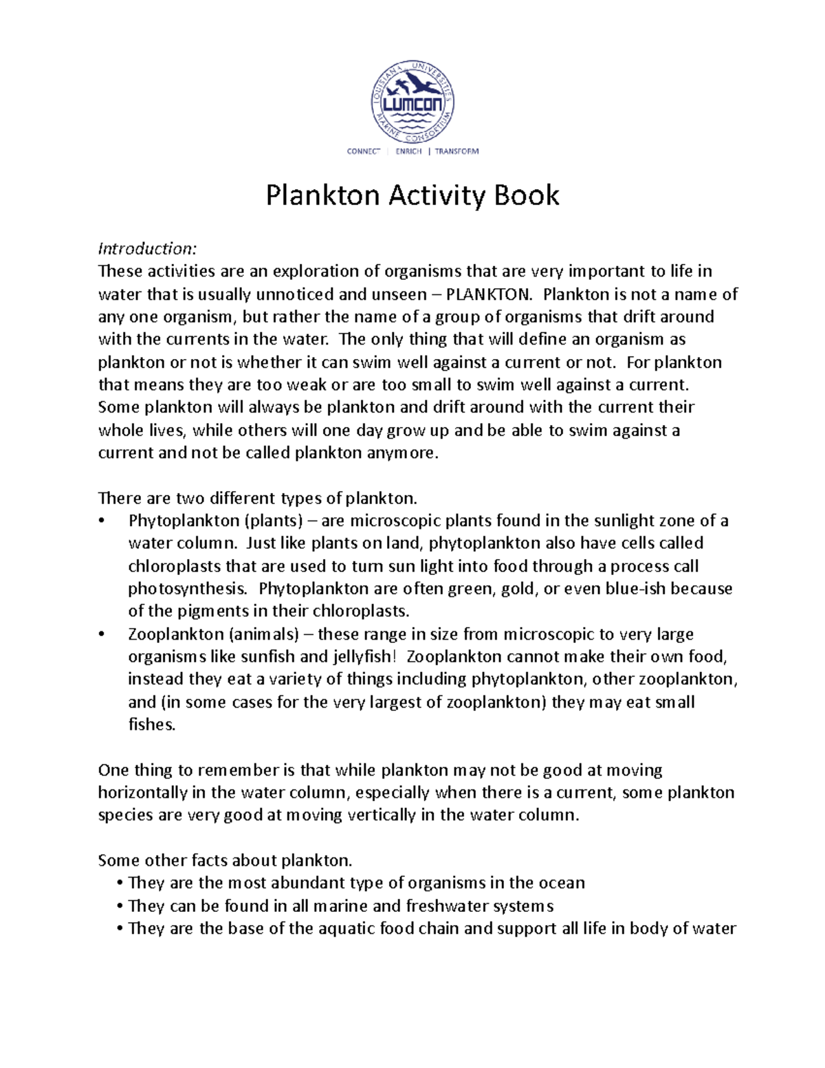 Plankton Activities - good answers - Plankton Activity Book ...