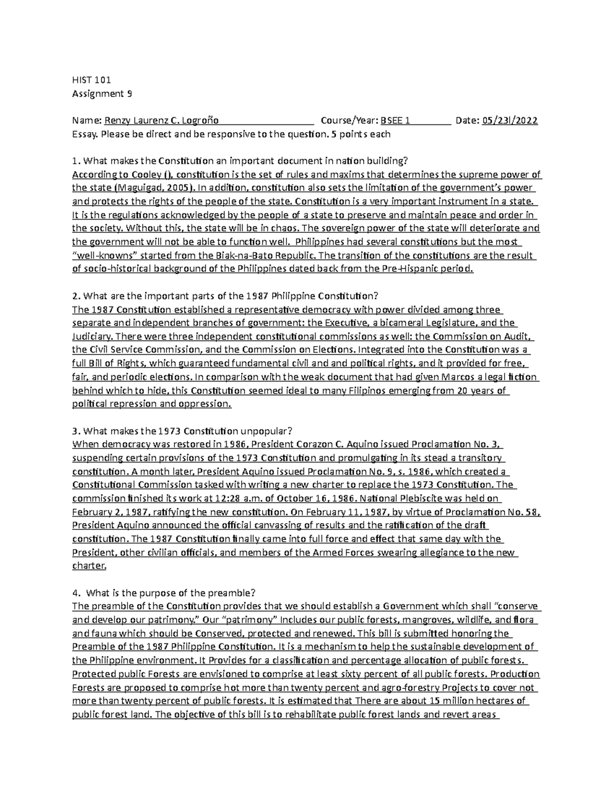 Hist 101 assignment 9 - HIST 101 Assignment 9 Name: Renzy Laurenz C ...