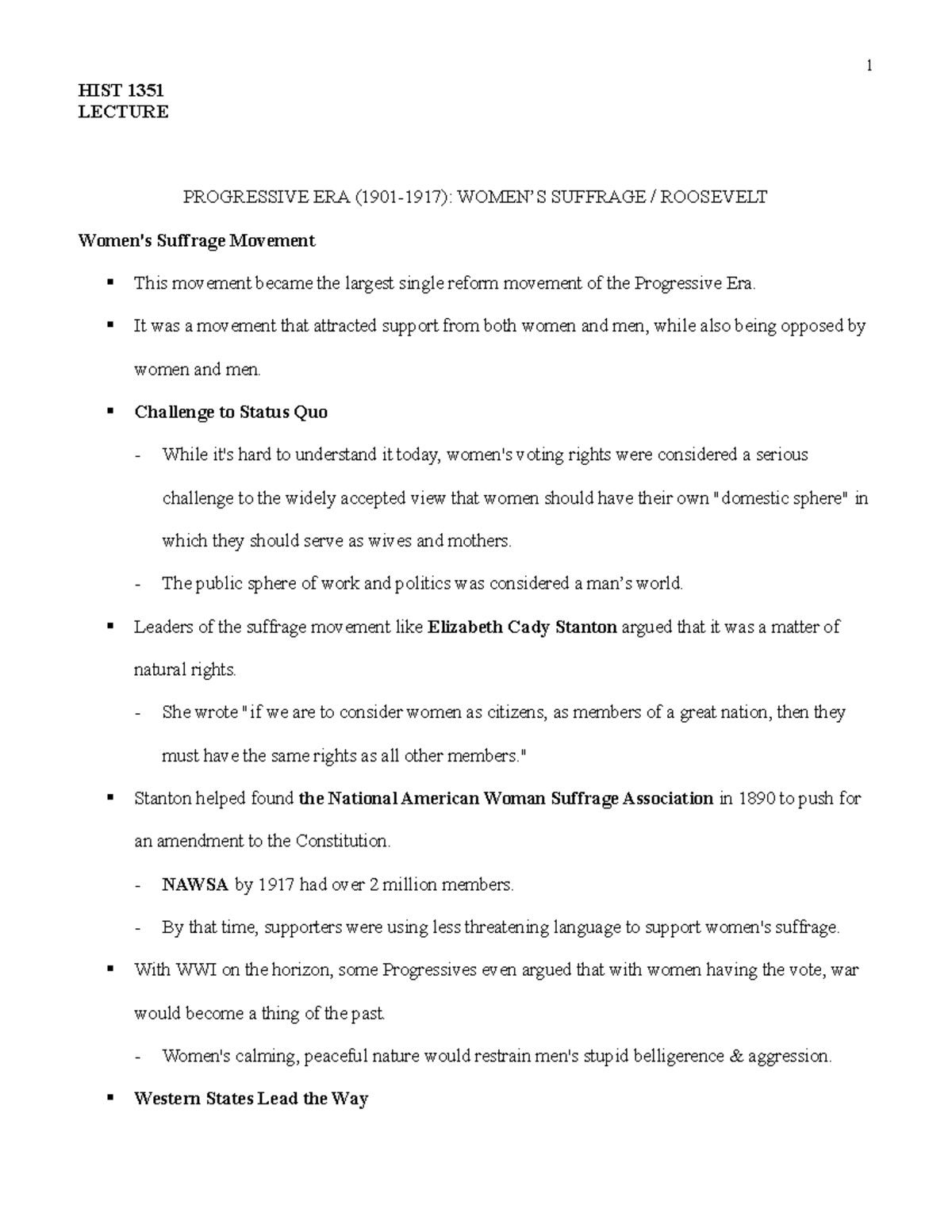 1351 (online) lecture - Women's Suffrage, Roosevelt - HIST 1351LECTURE ...