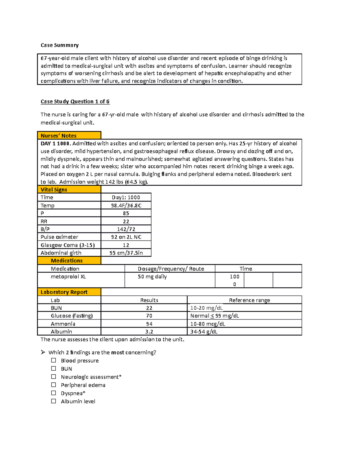 Liver-Failure case study answer key - Case Summary 67-year-old male client with history of ...