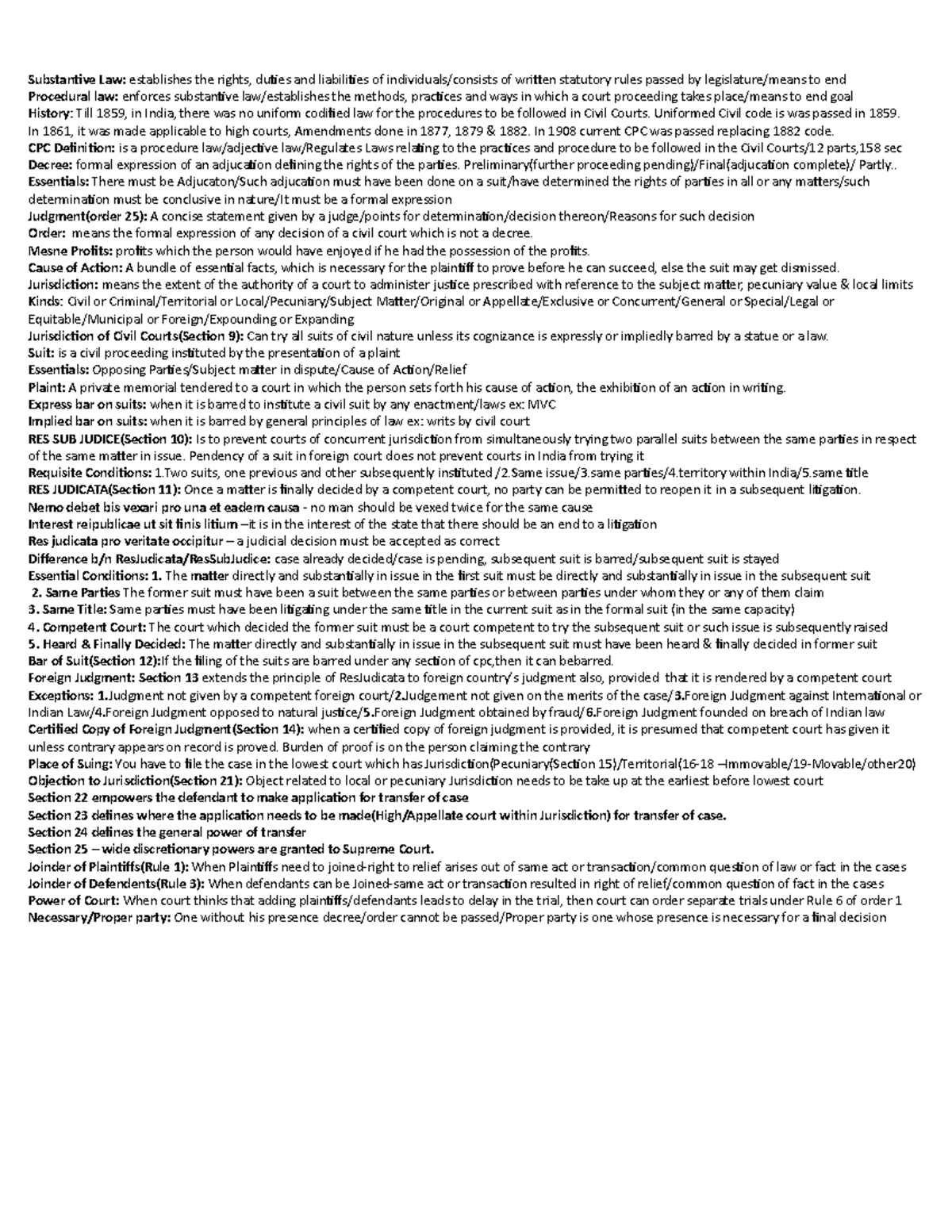 CPC Unit I - CPC Unit I Summary - Substantive Law: establishes the ...