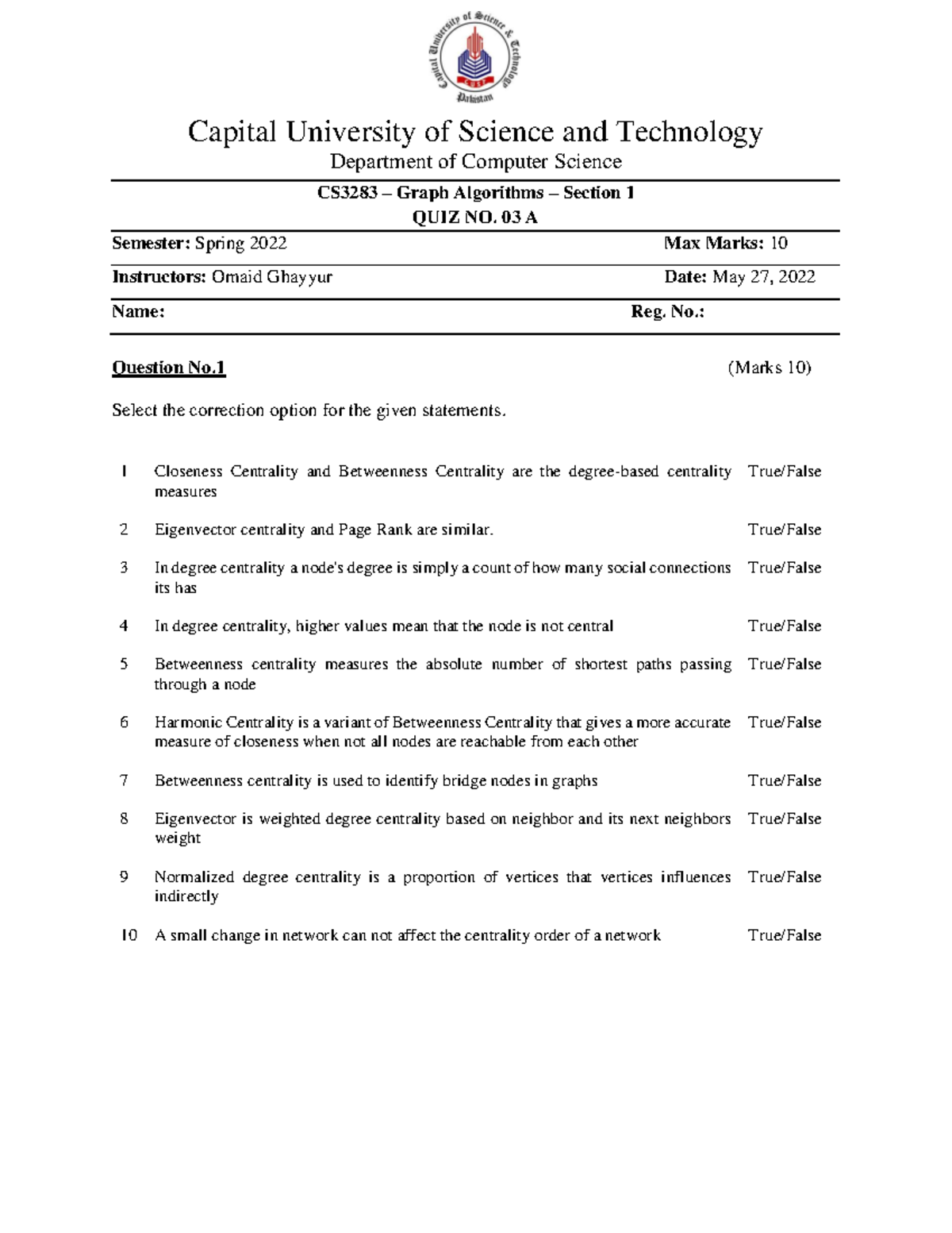 Q3A (S1) - Fundamentals of Computer science - Capital University of ...