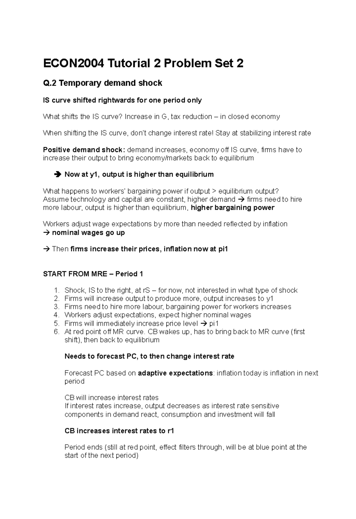 ECON2004 Term 1 Tutorial 2 - ECON2004 Tutorial 2 Problem Set 2 Q Temporary demand shock IS curve ...