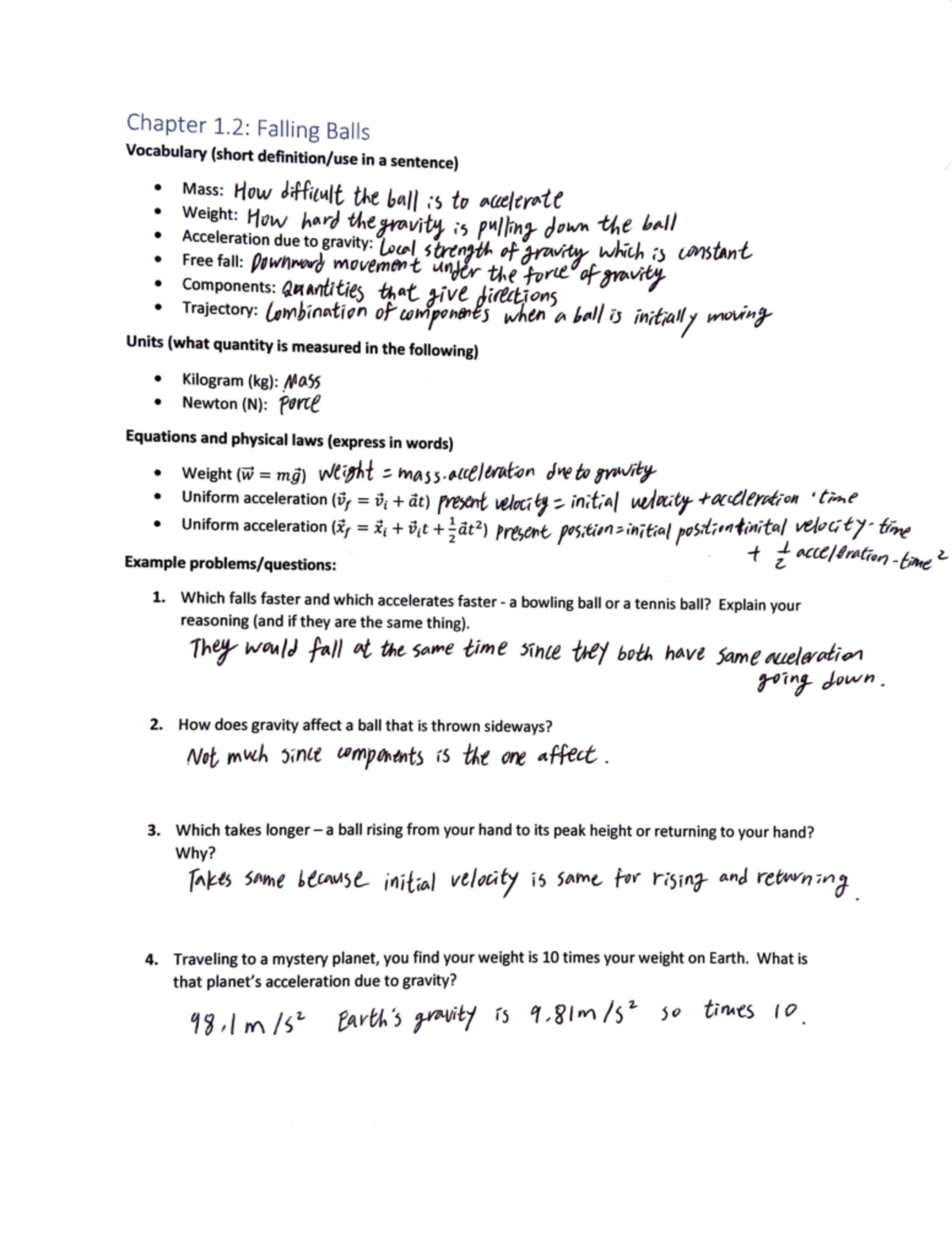Guided Reading Chapter 1.2 - Chapter 1. 2: Falling Balls Vocabulary ...