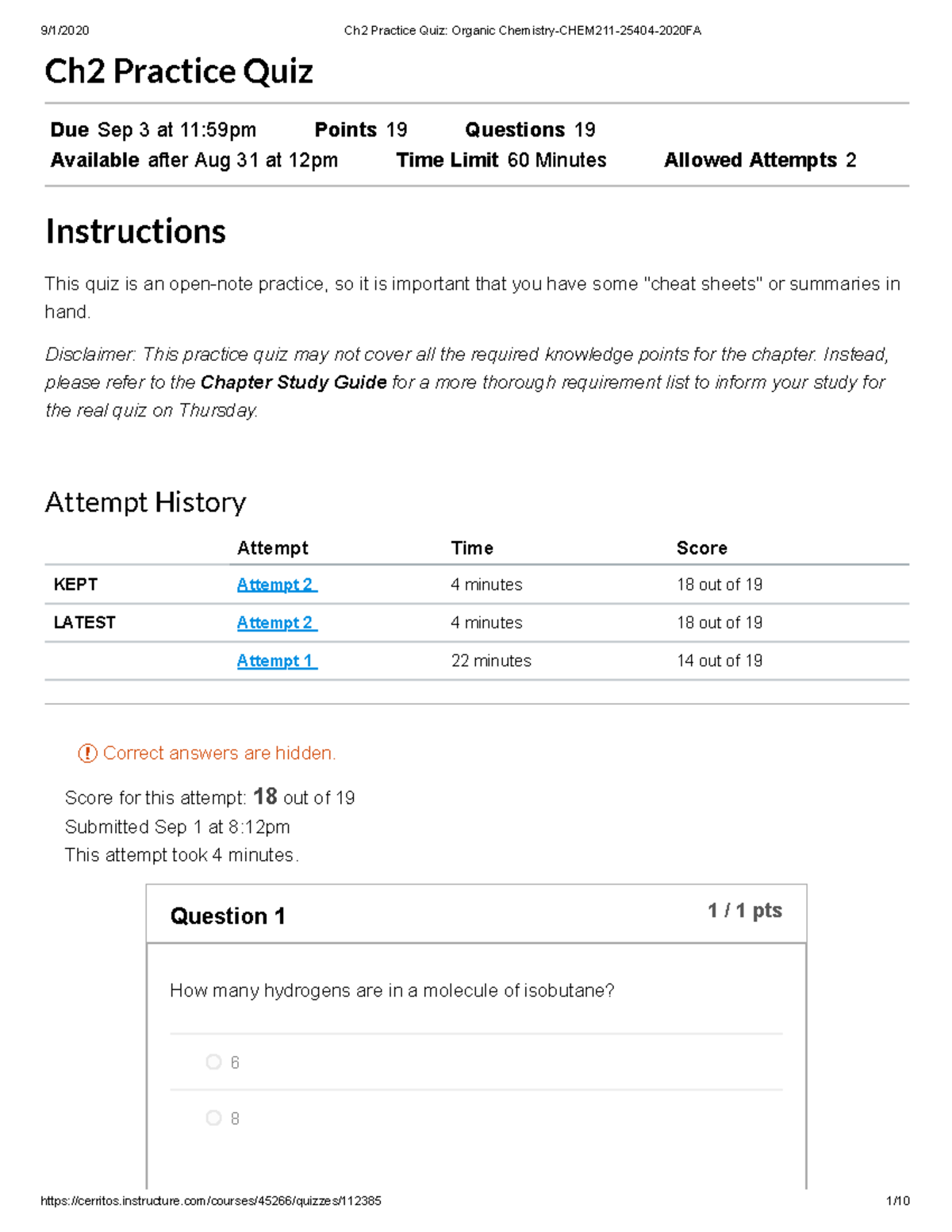 Ch2 Prac. Qu - ch 2 practice quewtions - Ch2 Practice Quiz Due Sep 3 at 11:59pm Points 19 ...