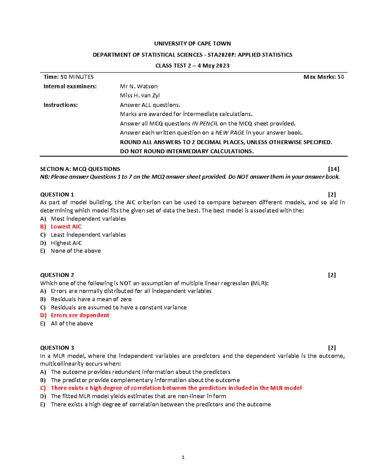 STA2020F 2023 Class Test 2 Memo - UNIVERSITY OF CAPE TOWN DEPARTMENT OF ...