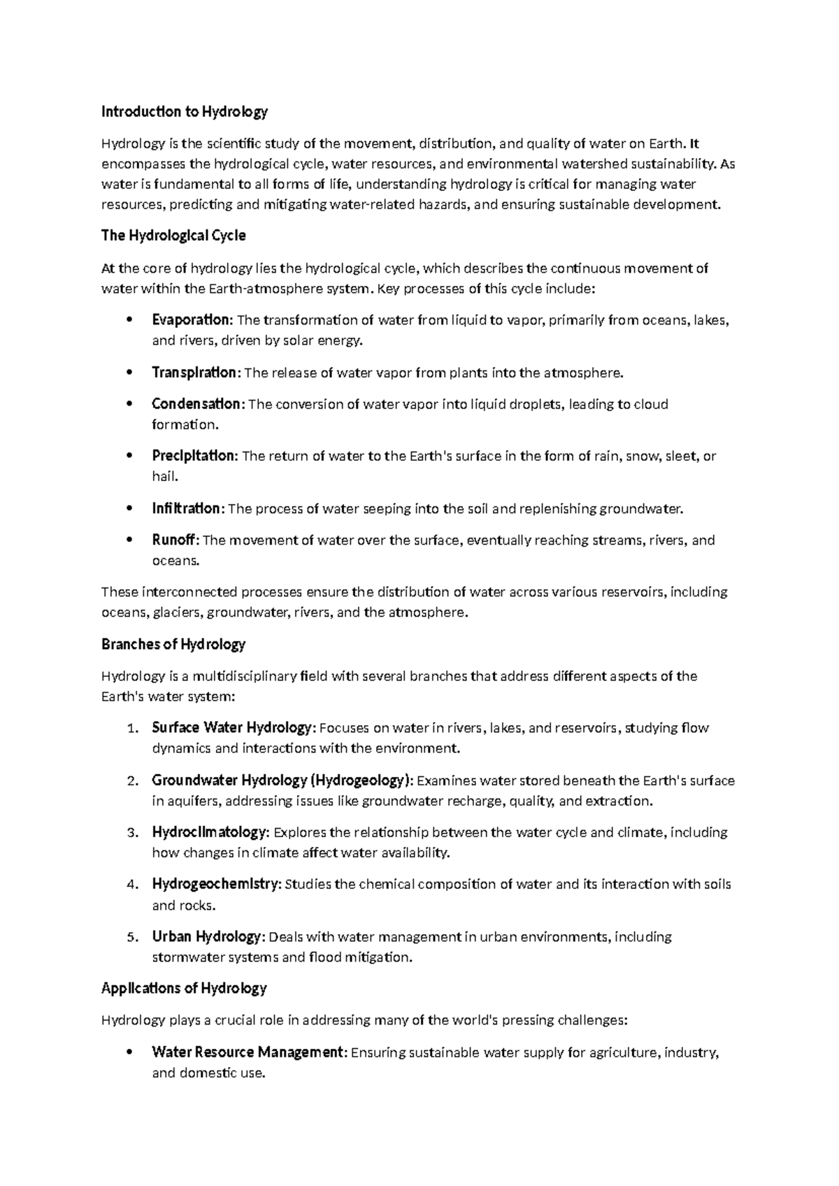 Introduction to Hydrology - Introduction to Hydrology Hydrology is the ...