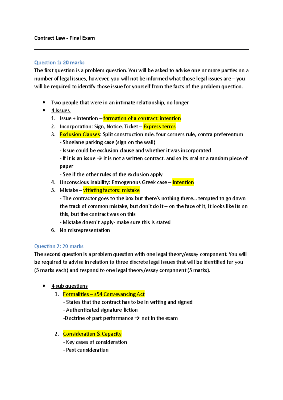 Contract-Law final exam notes - Contract Law Final Exam Question 1: 20 ...